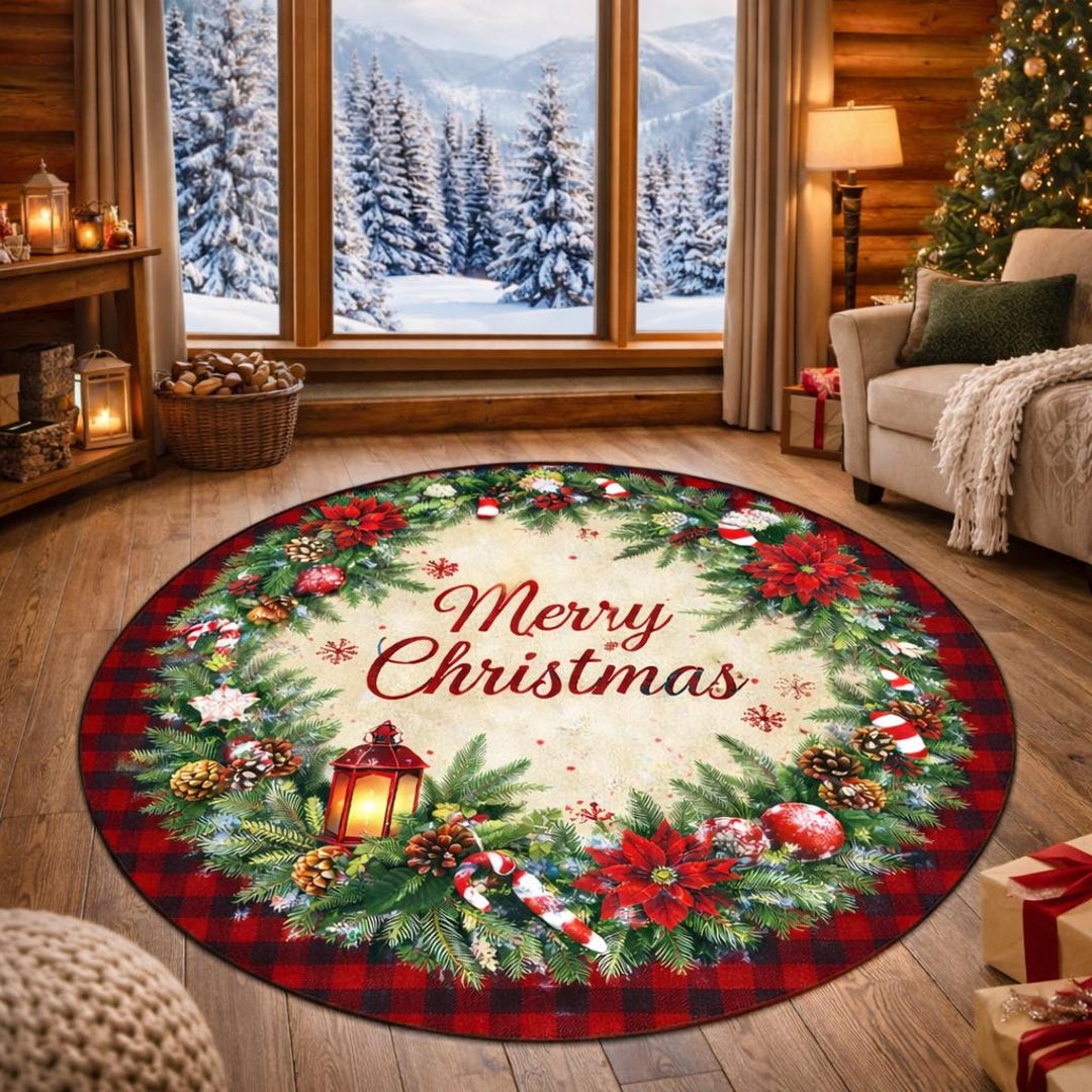 Round Christmas Rug, Merry Christmas Wreath Rug, Winter Cabin Holiday ...