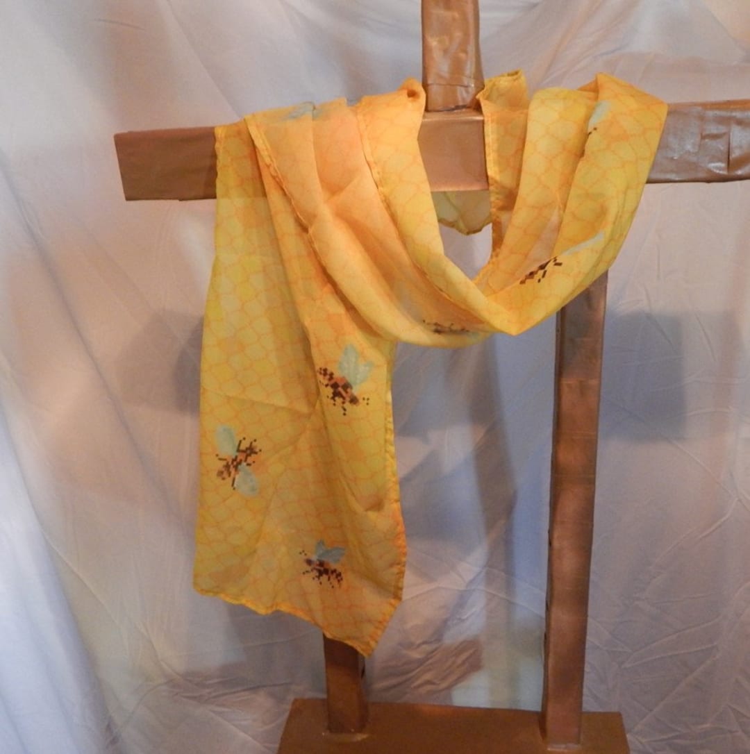 Honeycomb Pixel Scarf With Bees Original Artwork Chiffon Scarf Golden ...