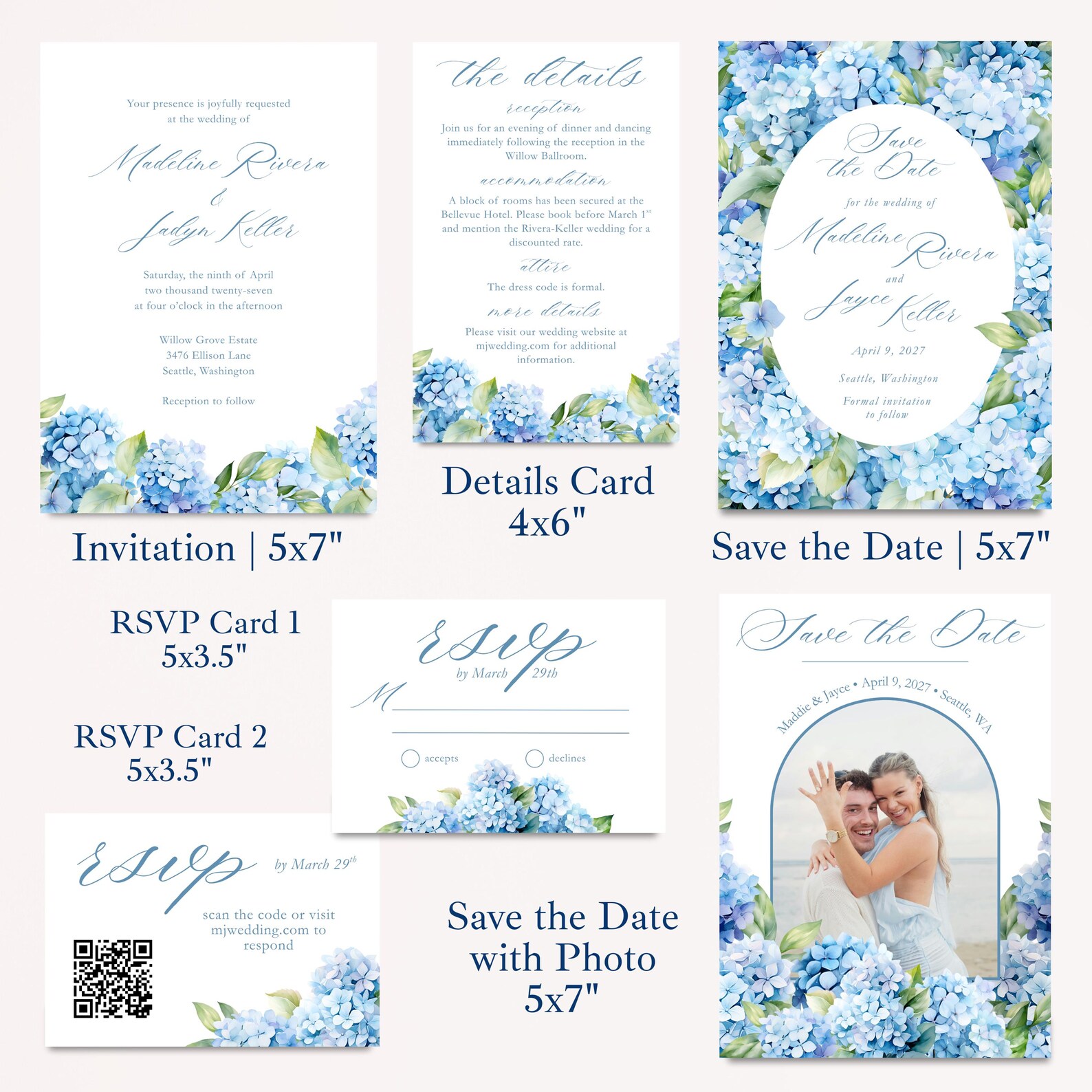 Whimsical Elegant Blue Hydrangea Wedding Stationery Suite, Editable DIY ...