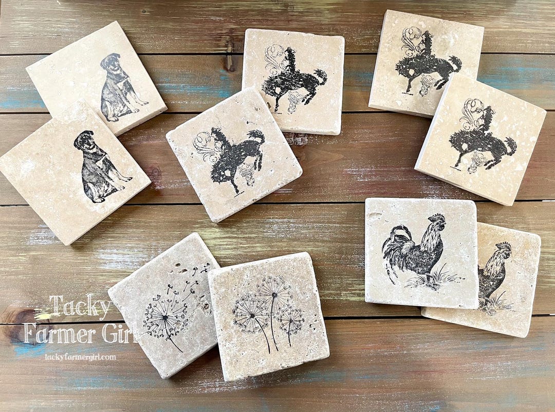 Hand-stamped Travertine Coasters 4x4 Set of 2 Farm Lovers, Rooster ...