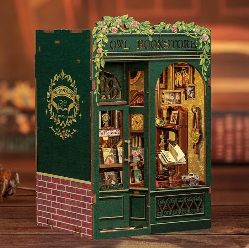 Owl Bookstore DIY Book Nook Kit – Handmade Miniature Bookshop Dollhouse ...