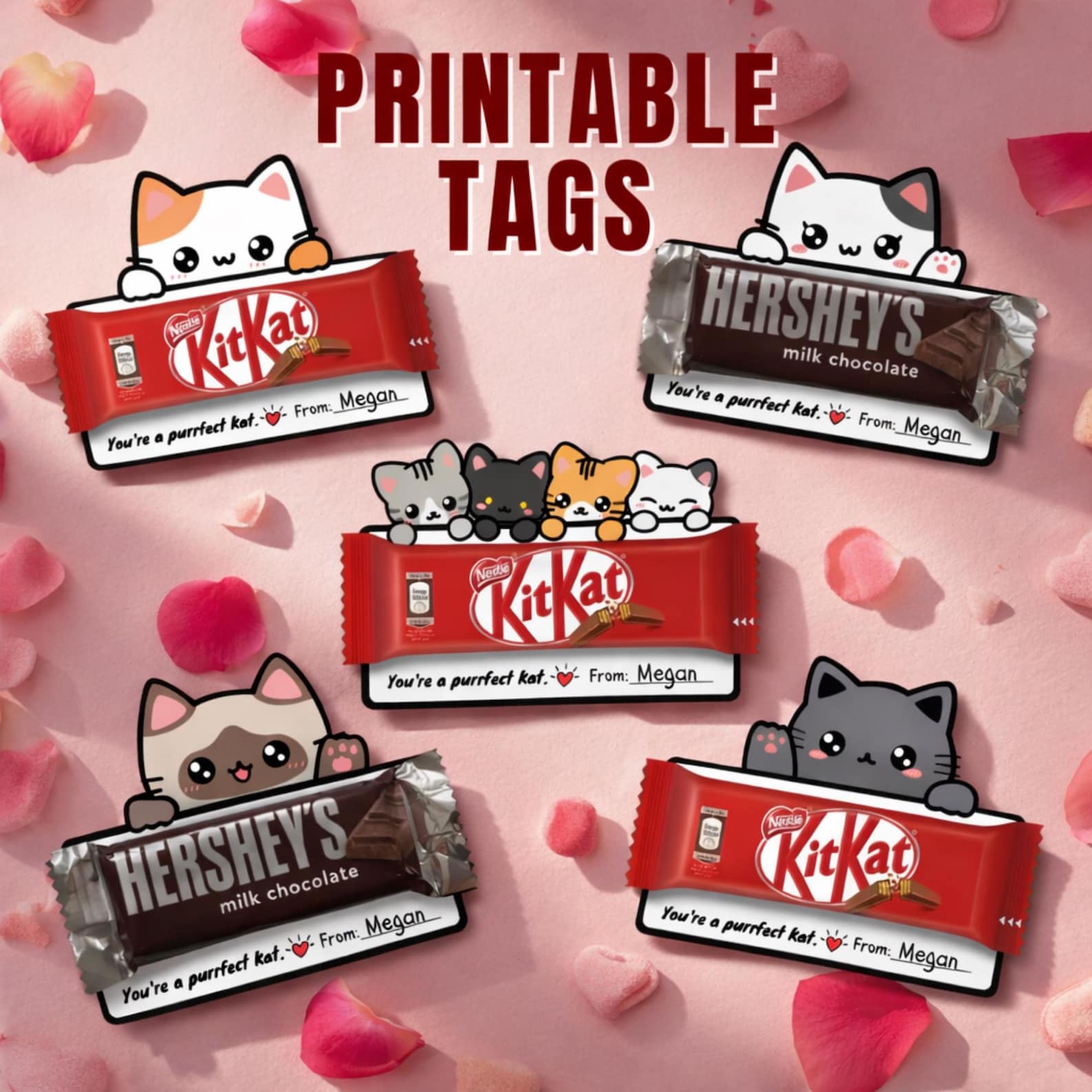 Printable Cat Valentine Favor Tag, Kitkat Chocolate Treat Tags ...