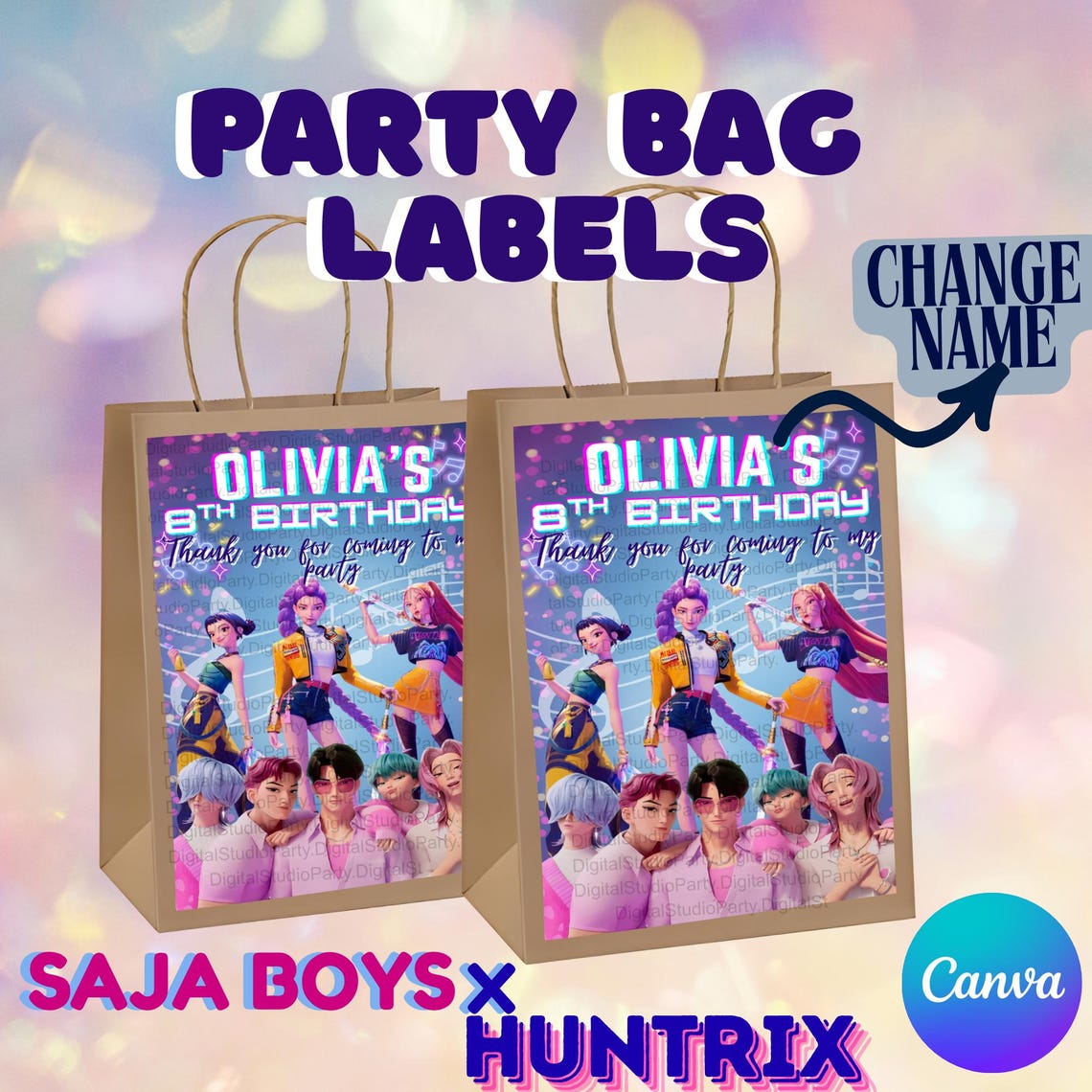Kpop Demon Hunters Party Bag Labels | Huntrix Saja Boys Favor Bag ...