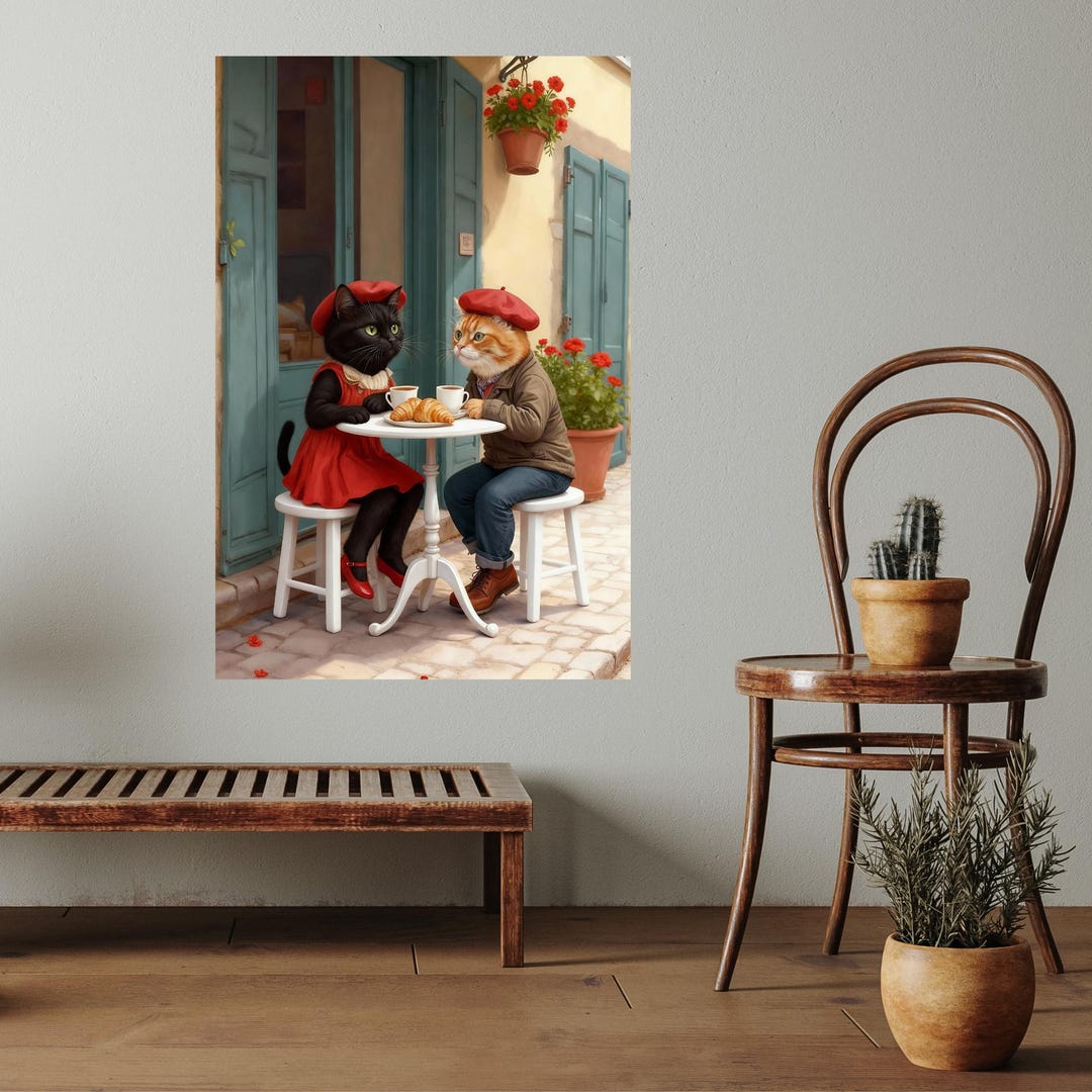 Parisian Cats Café Art Print: Whimsical Feline Poster (5x7 Unframed) - Etsy