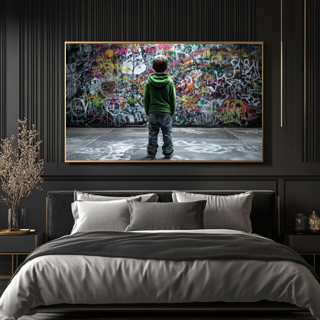 Banksy-style Graffiti Boy Canvas Print – Green Hoodie Street Art Wall ...