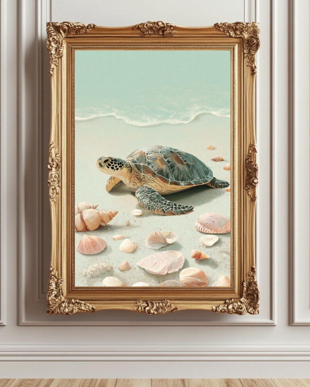 Green Sea Turtle Poster – Detailed Coastal Scene With Seashells, Pastel ...