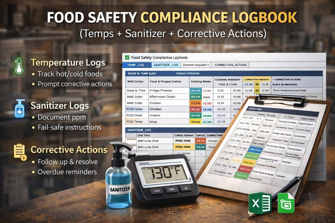 Food Safety Compliance Logbook | Temp Log + Sanitizer PPM + Corrective ...