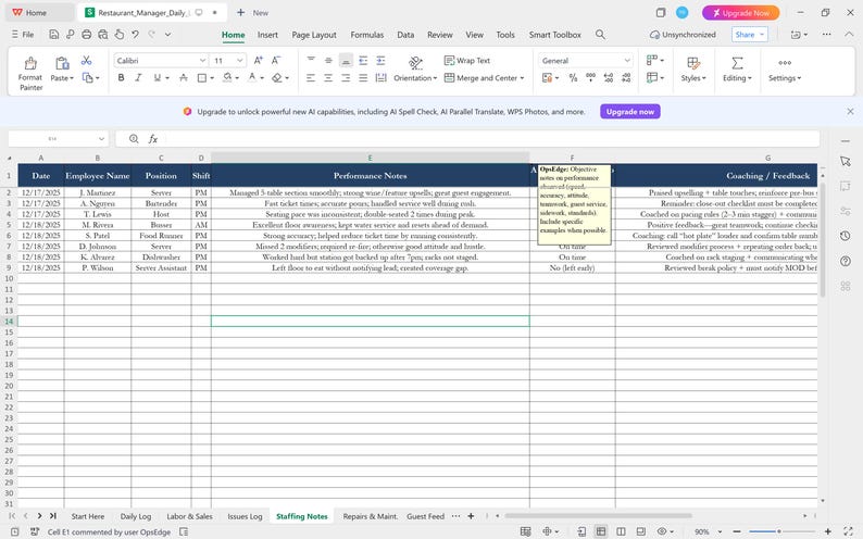 Restaurant Manager Daily Logbook (excel + Google Sheets) - Etsy