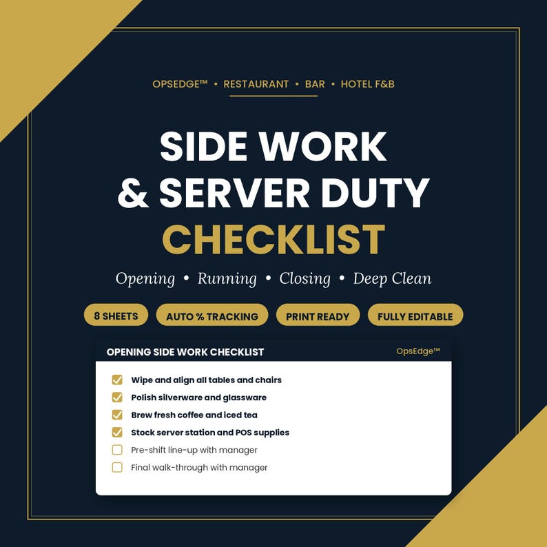 Side Work & Server Duty Checklist | Restaurant Server Opening, Closing ...