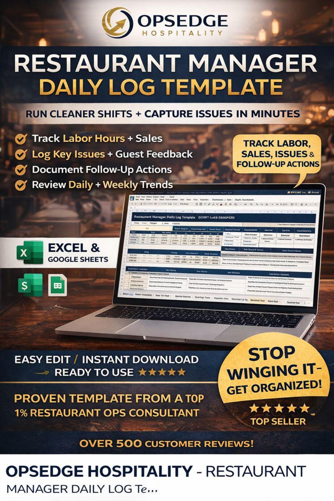 Restaurant Manager Daily Logbook (excel + Google Sheets) - Etsy