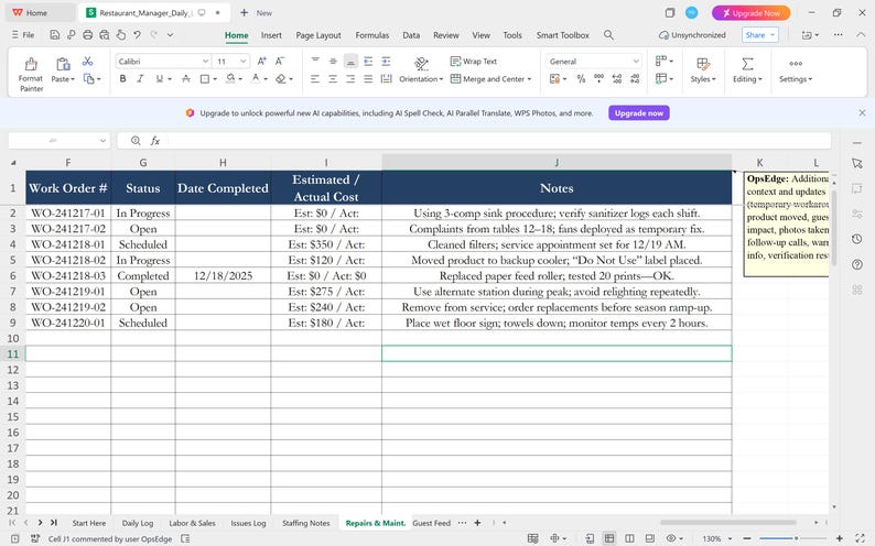 Restaurant Manager Daily Logbook (excel + Google Sheets) - Etsy