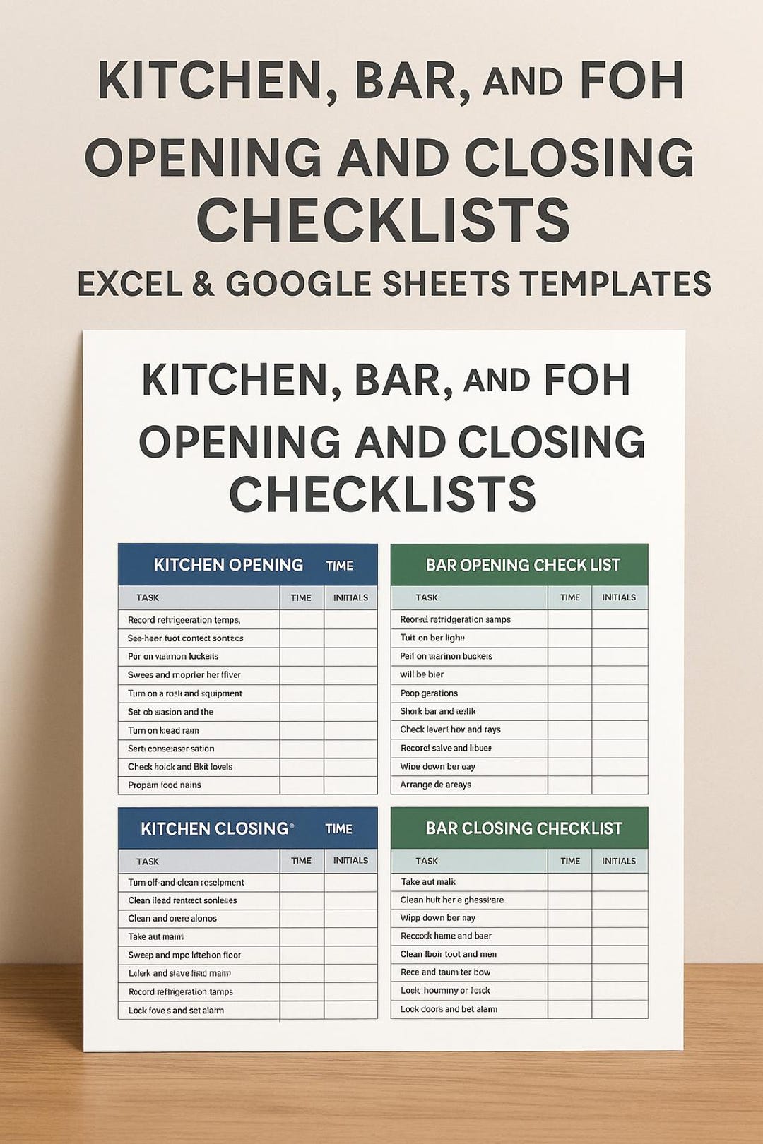 Kitchen, Bar, FOH Opening & Closing Checklists | Excel/google Sheets ...