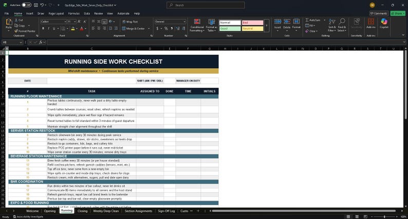 Side Work & Server Duty Checklist | Restaurant Server Opening, Closing ...