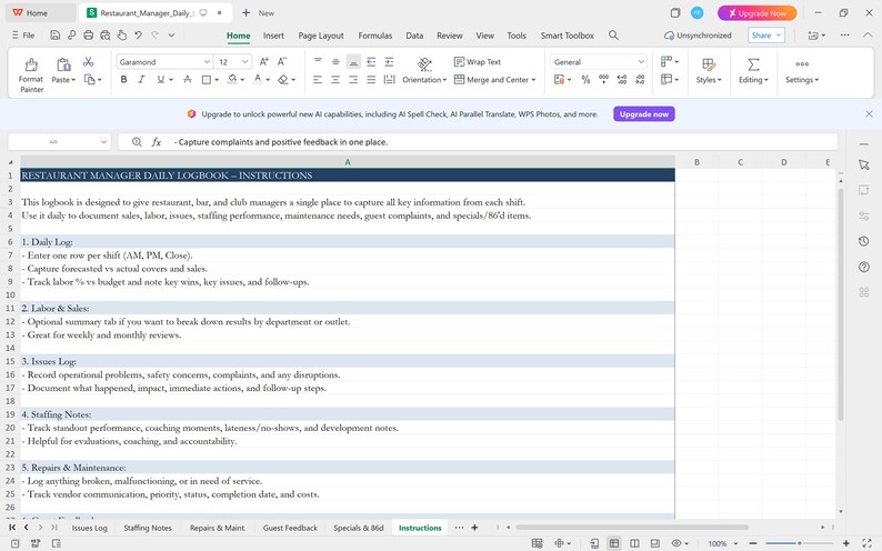 Restaurant Manager Daily Logbook (excel + Google Sheets) - Etsy
