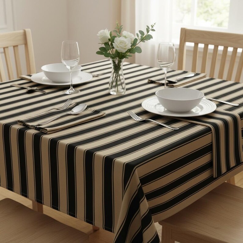 Black & Mocha Stripe Cotton Canvas Tablecloth – Modern Farmhouse Decor ...