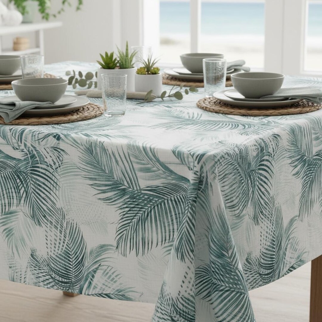 Green Caraibi Weatherproof Canvas Tablecloth – Tropical Palm Leaf ...