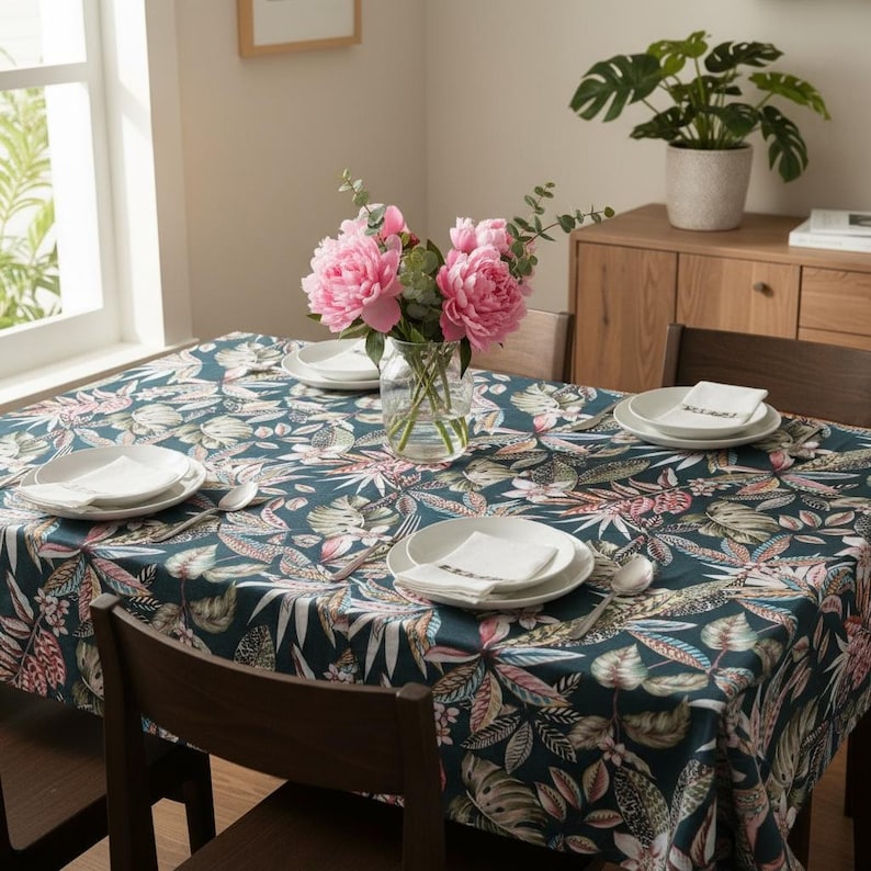 Calypso Tropical Cotton Canvas Tablecloth | Botanical Table Linen ...