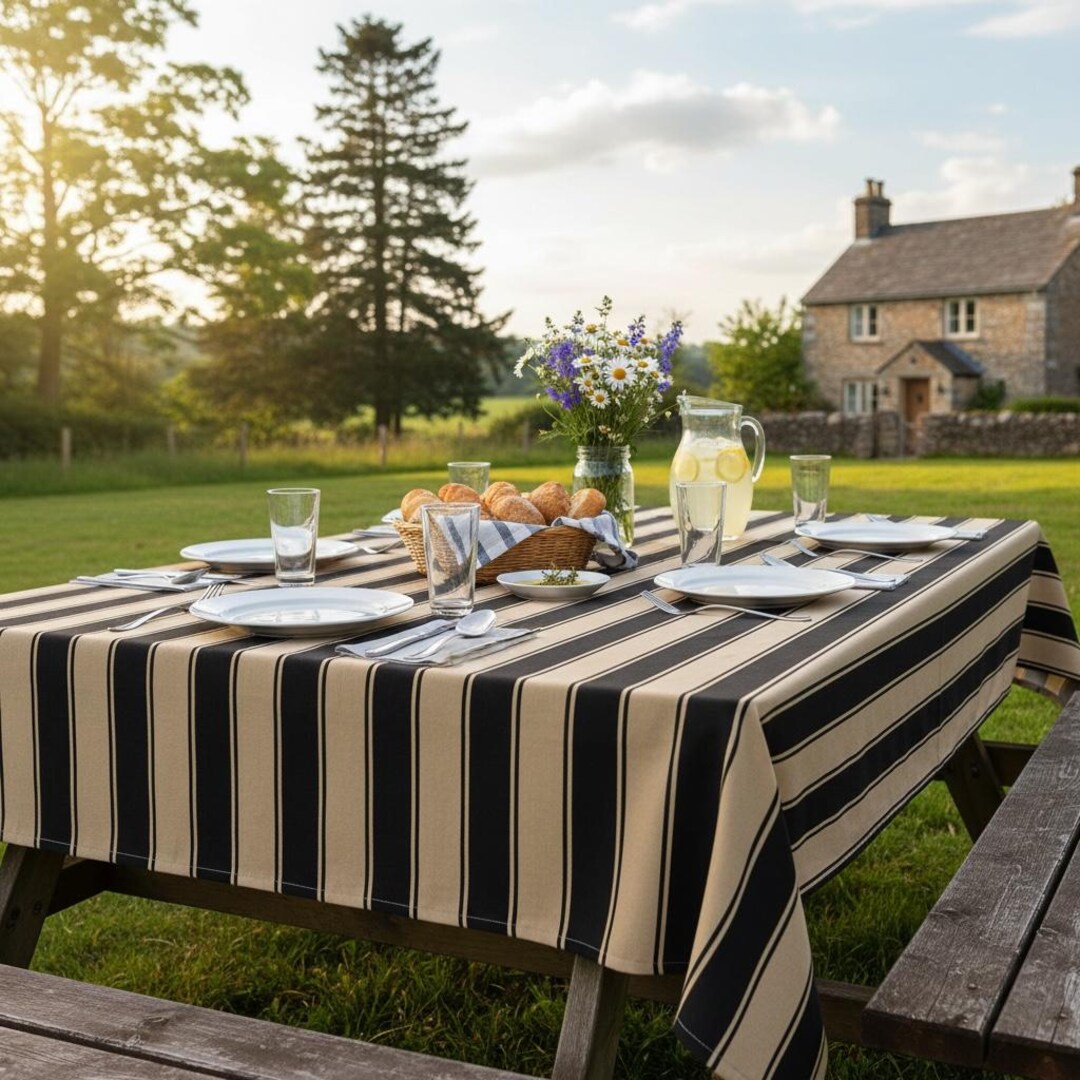 Black & Mocha Stripe Cotton Canvas Tablecloth – Modern Farmhouse Decor ...