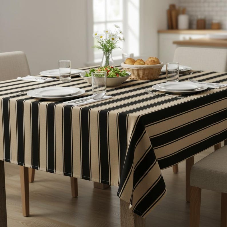 Black & Mocha Stripe Cotton Canvas Tablecloth – Modern Farmhouse Decor ...
