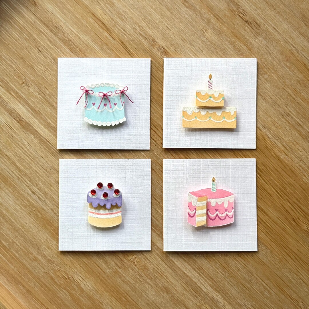 Handmade Birthday Cake 2x2 Mini Note Card Set of 4: Blank Inside, With ...