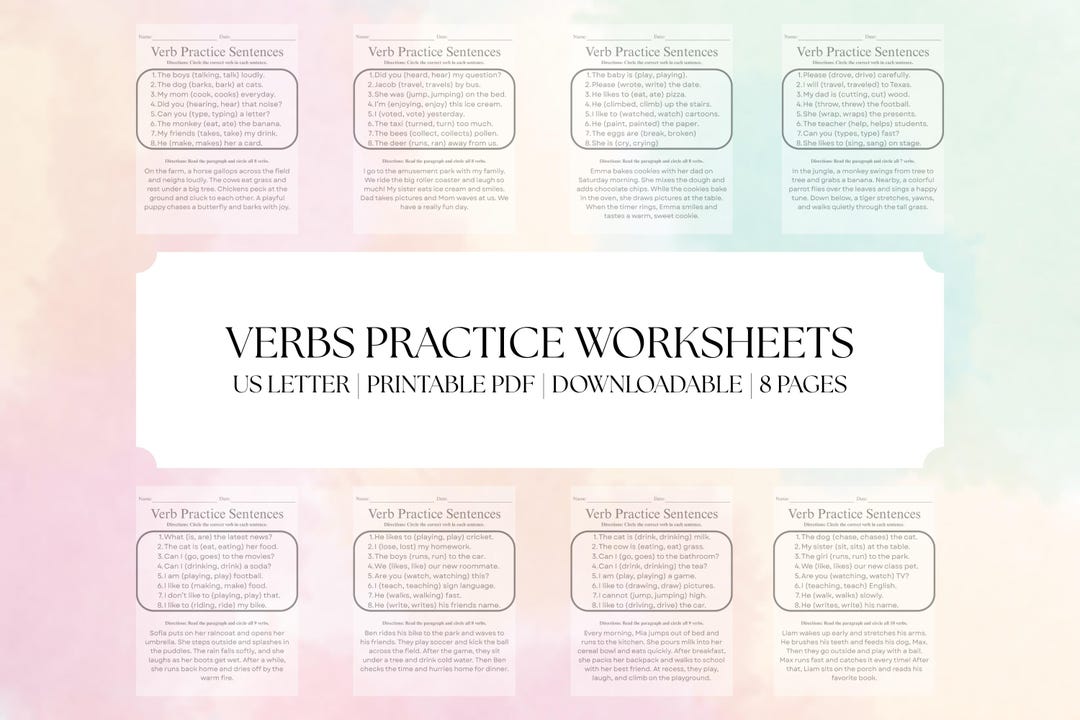 Verb Practice Worksheets, Kids Practice Sheets, Printable PDF, Digital ...