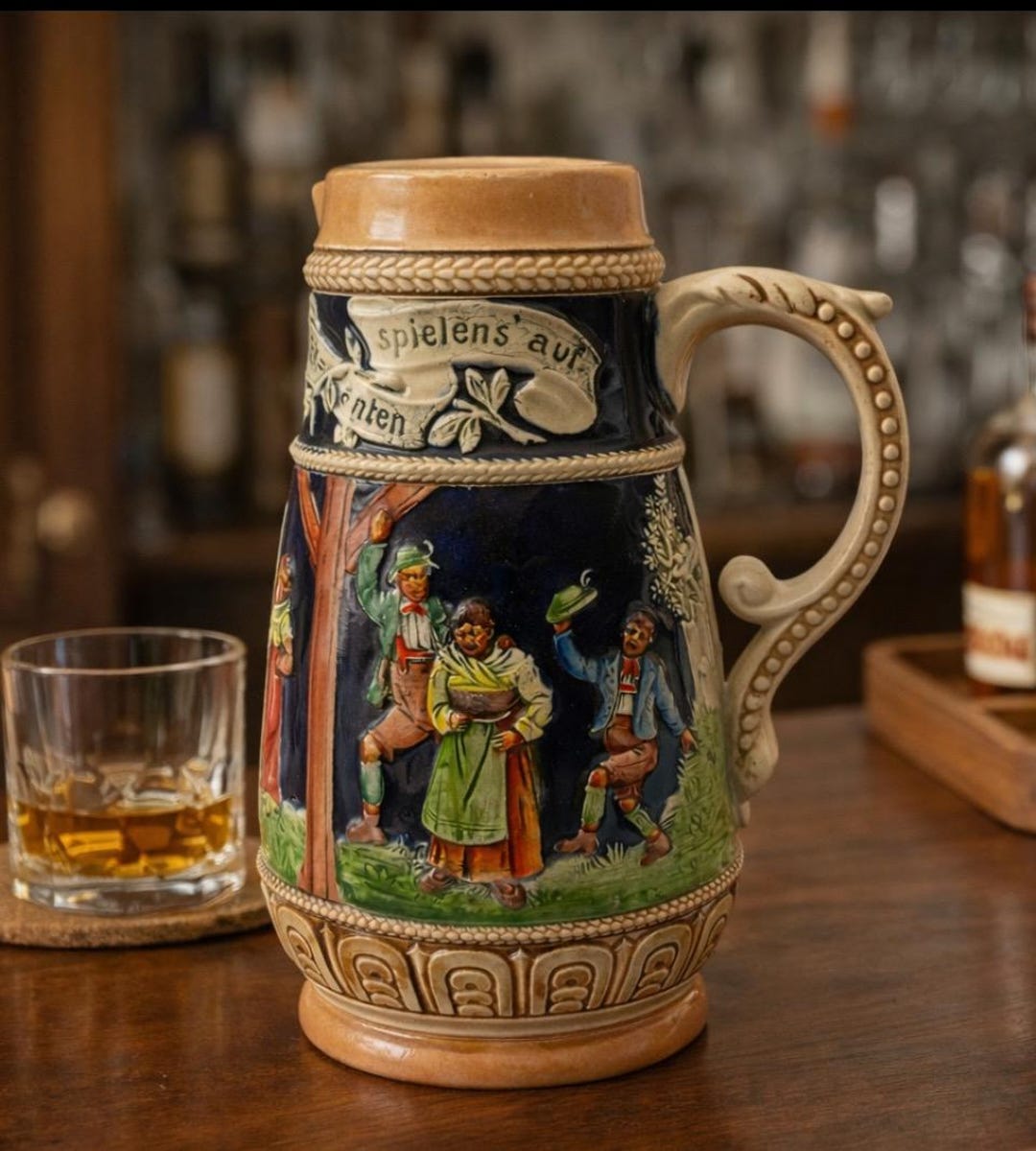 Vintage German Beer Stein – Relief Scene With Musicians & Dancers ...
