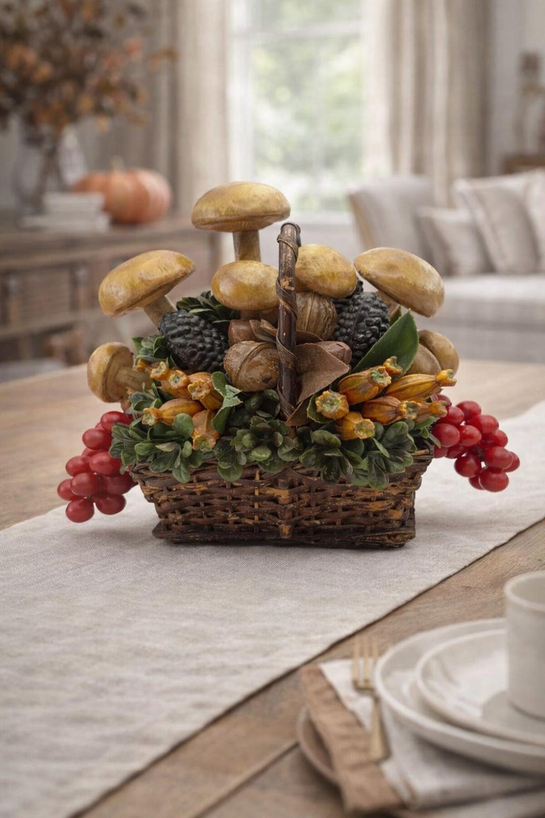 Vintage Mushroom Basket Floral Arrangement | Rustic Woodland Decor ...