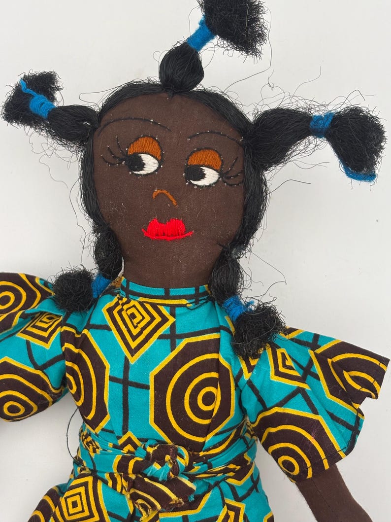 Vintage Handmade Cloth Doll African Fabric Dress Folk Art Rag Doll Blue ...