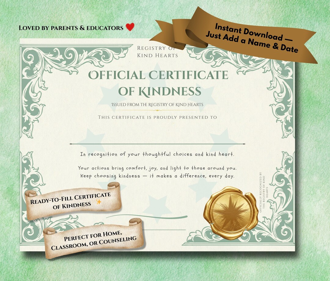 Certificate of Kindness Printable | Instant Download | Ready-to-fill ...