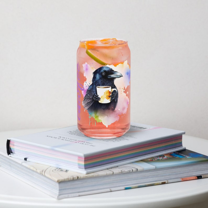 Cute Cawfee Iced Coffee Watercolor Raven Glass Sipper Cup With Lid and ...