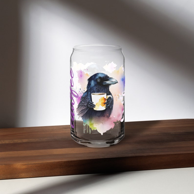 Cute Cawfee Iced Coffee Watercolor Raven Glass Sipper Cup With Lid and ...