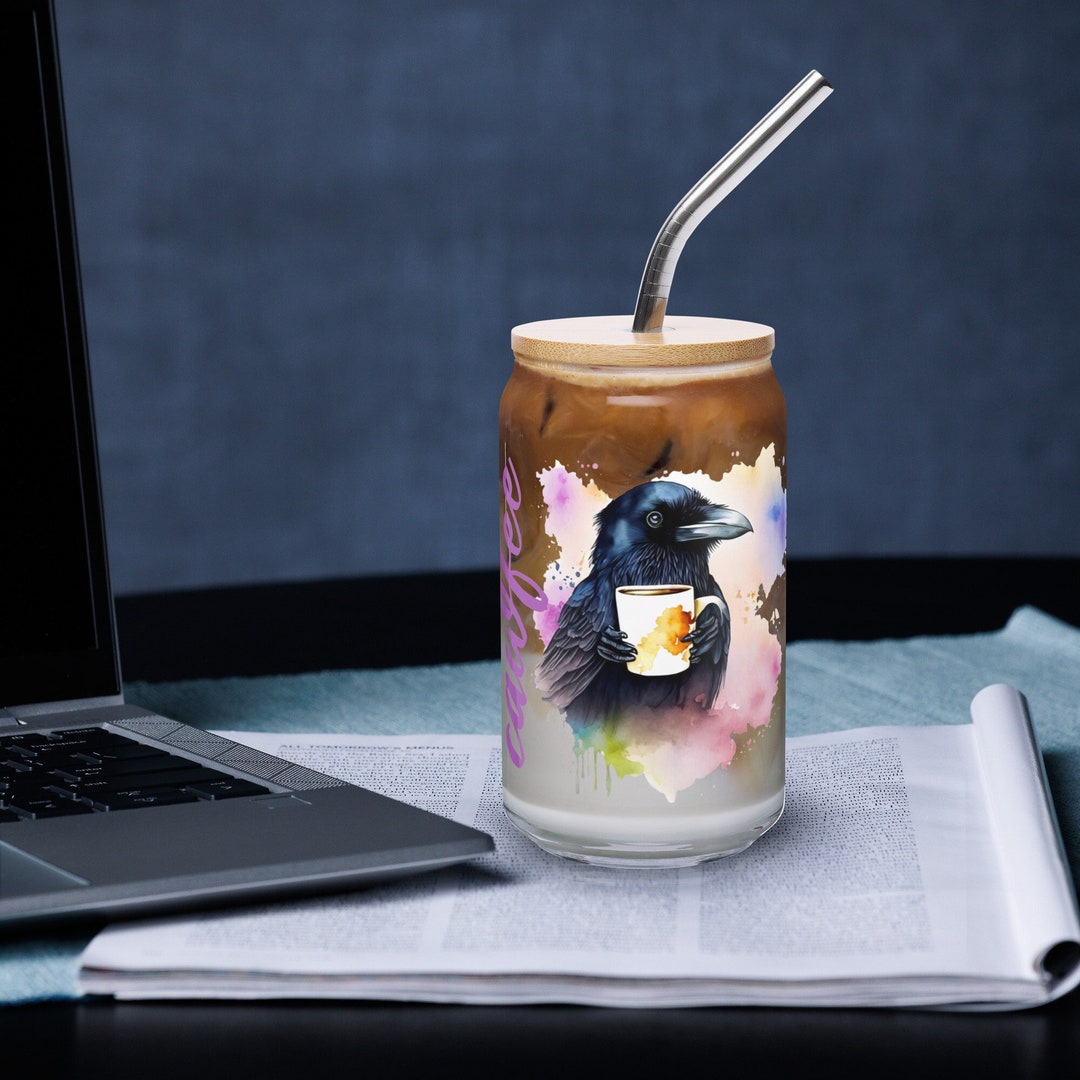 Cute Cawfee Iced Coffee Watercolor Raven Glass Sipper Cup With Lid and ...