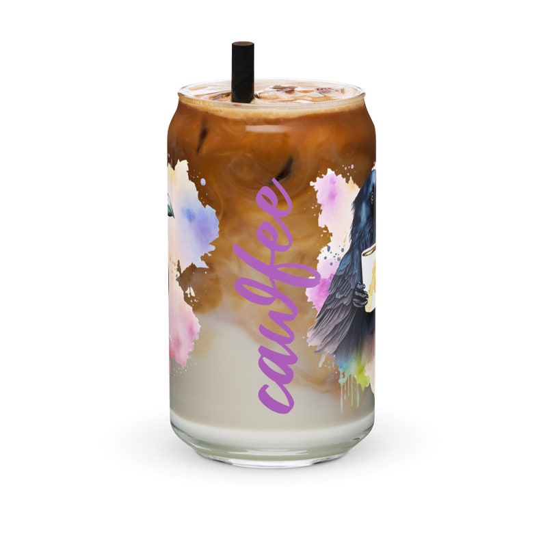 Cute Cawfee Iced Coffee Watercolor Raven Glass Sipper Cup With Lid and ...