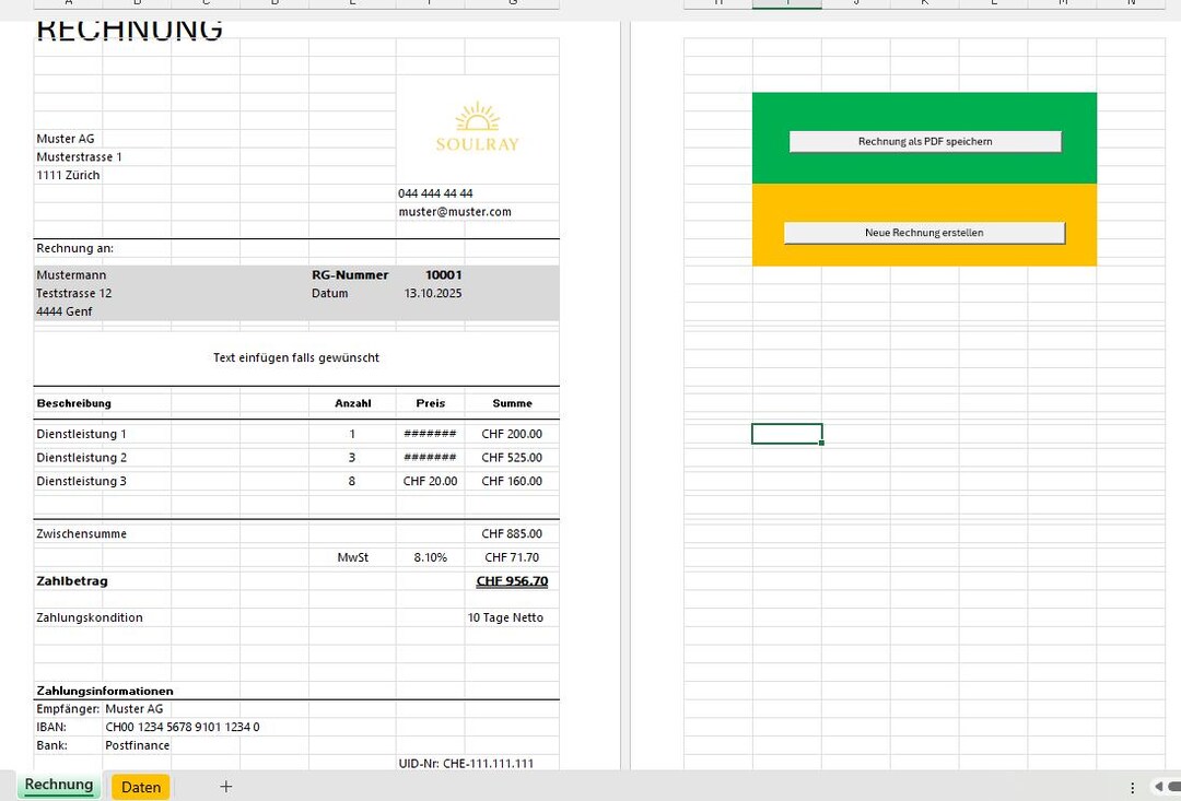Soulray Invoice Template Switzerland – Automatic Invoice Number, VAT ...