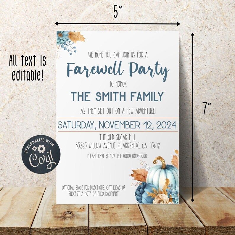 Editable Fall Farewell Party Invitation, Going Away Party Invite ...