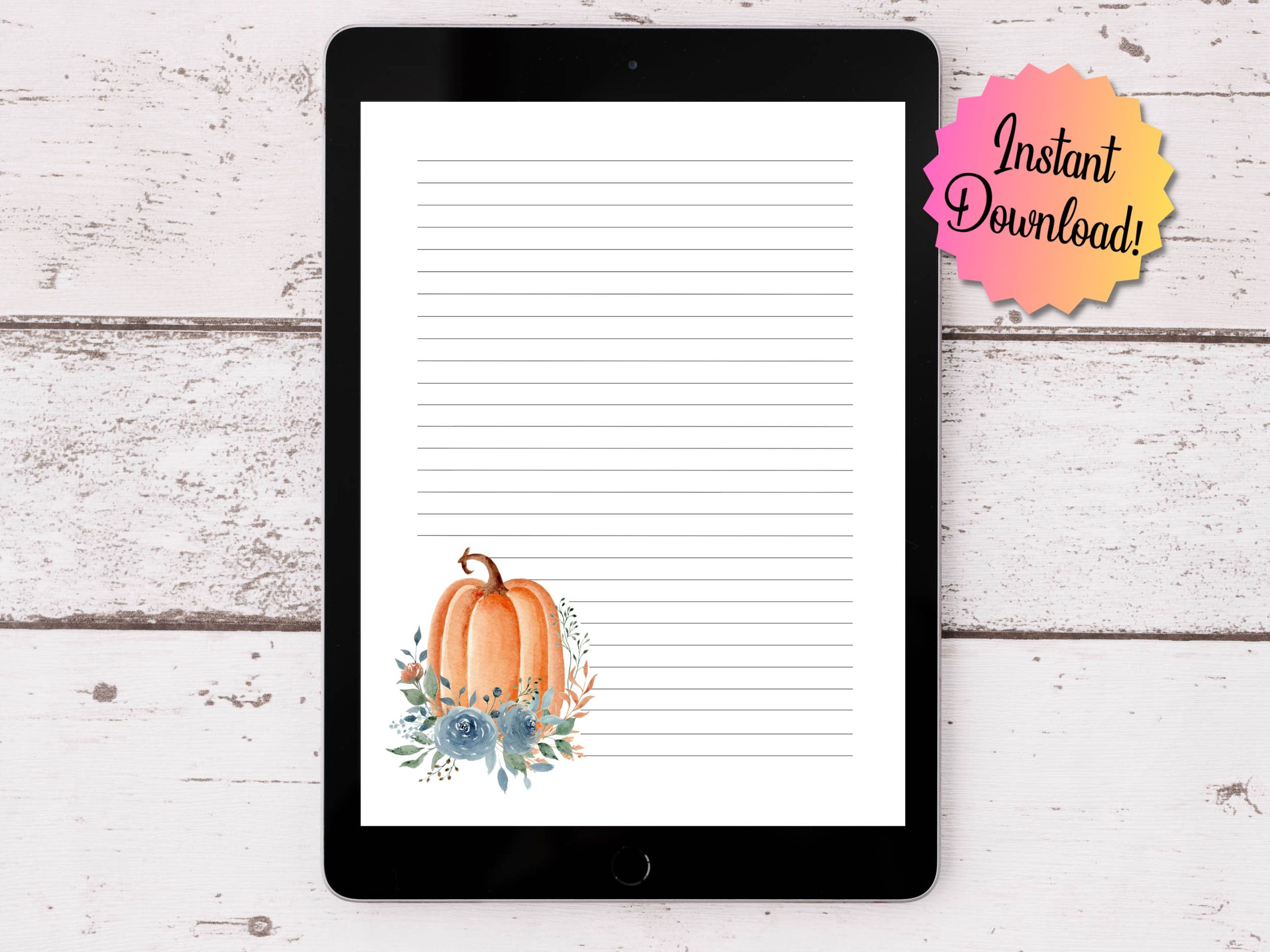 Printable Lined Stationery, Watercolor Pumpkin, Fall Themed Stationery ...