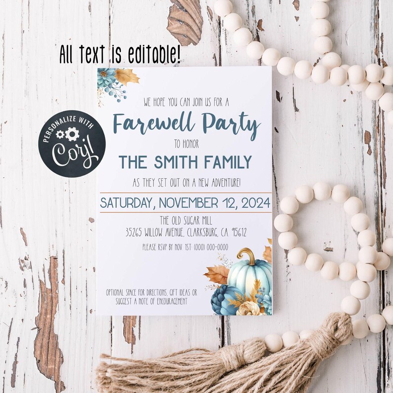 Editable Fall Farewell Party Invitation, Going Away Party Invite ...