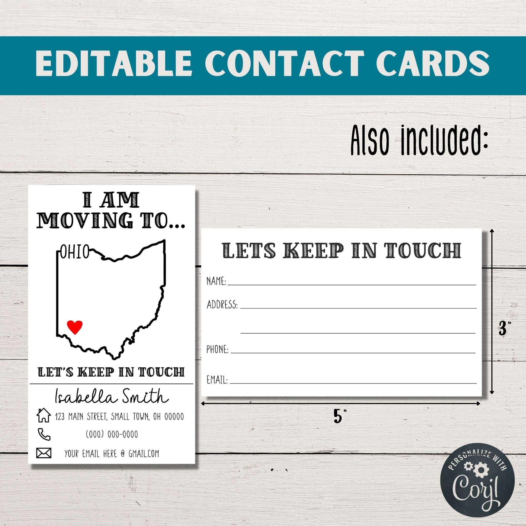 Editable Keep in Touch Contact Cards, College Move, PCS Announcement ...