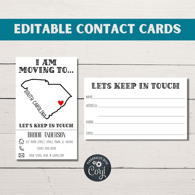 Editable Keep in Touch Contact Cards, College Move, PCS Announcement ...