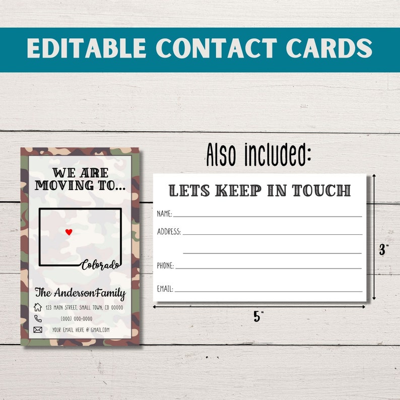 Editable Keep in Touch Contact Cards, PCS Announcement, Military Move ...