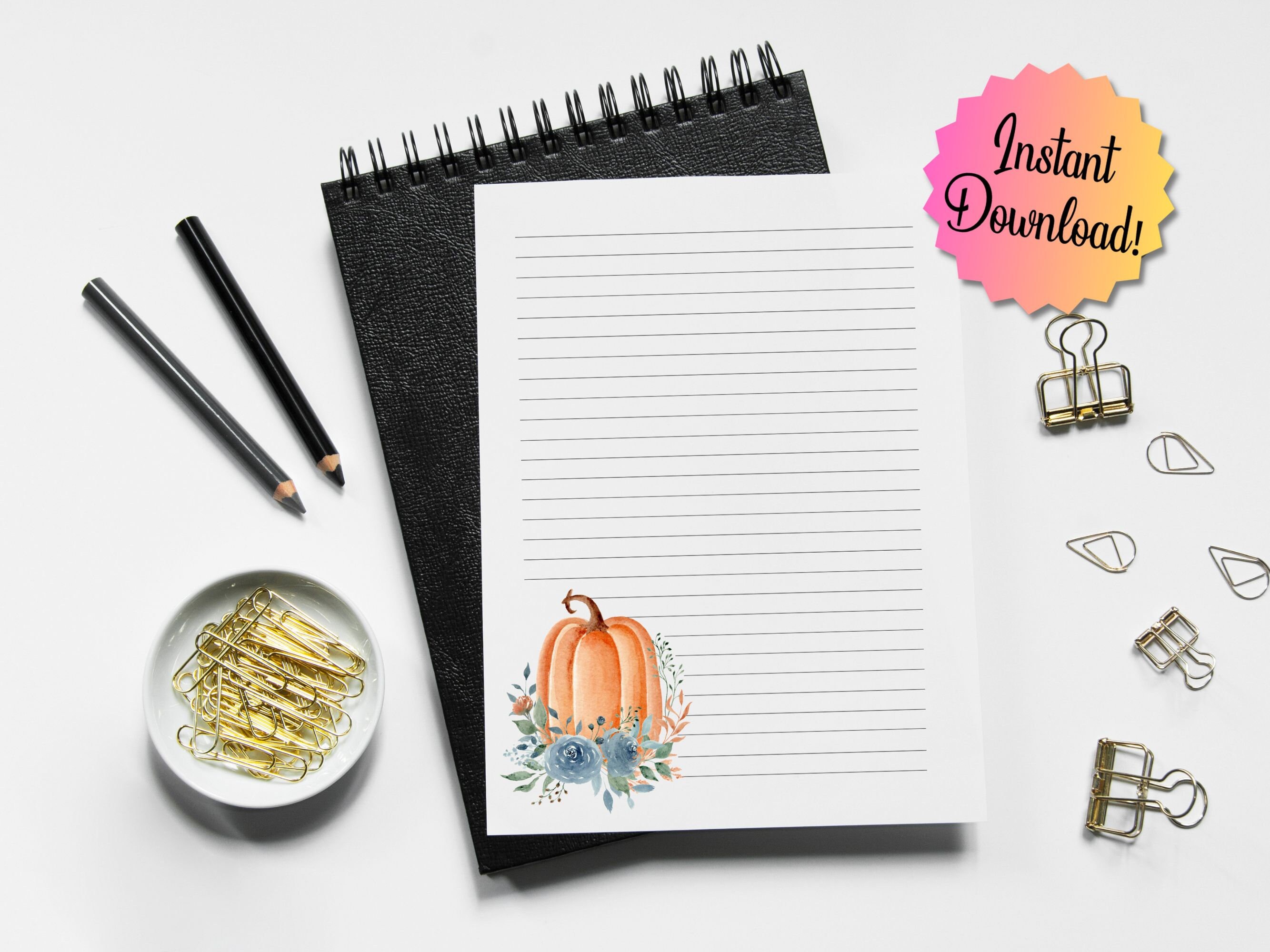 Printable Lined Stationery, Watercolor Pumpkin, Fall Themed Stationery ...