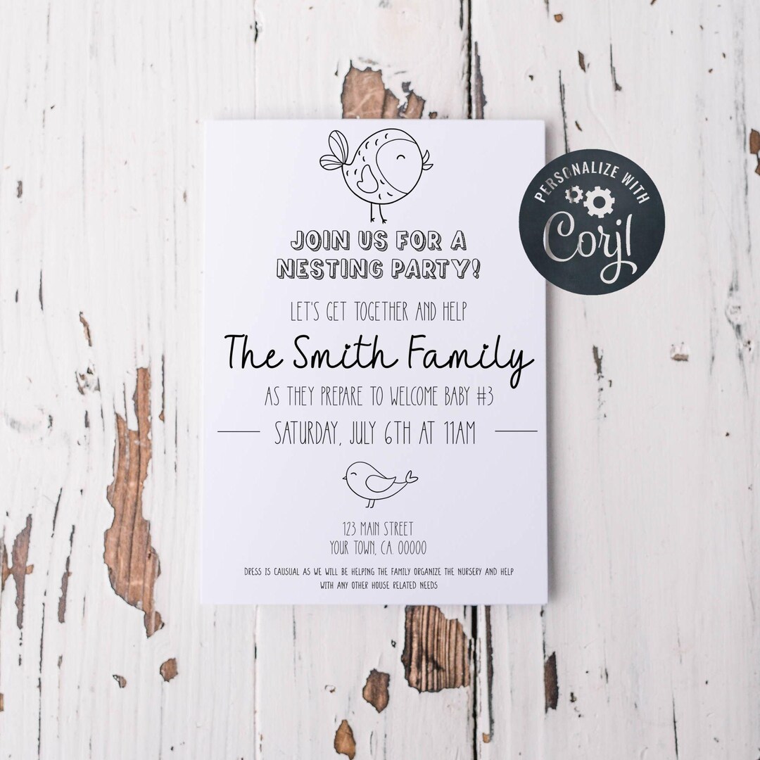 Editable Nesting Party Invitation Template, Simple Birds Nesting ...
