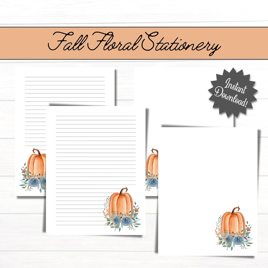 Printable Lined Stationery, Watercolor Pumpkin, Fall Themed Stationery ...