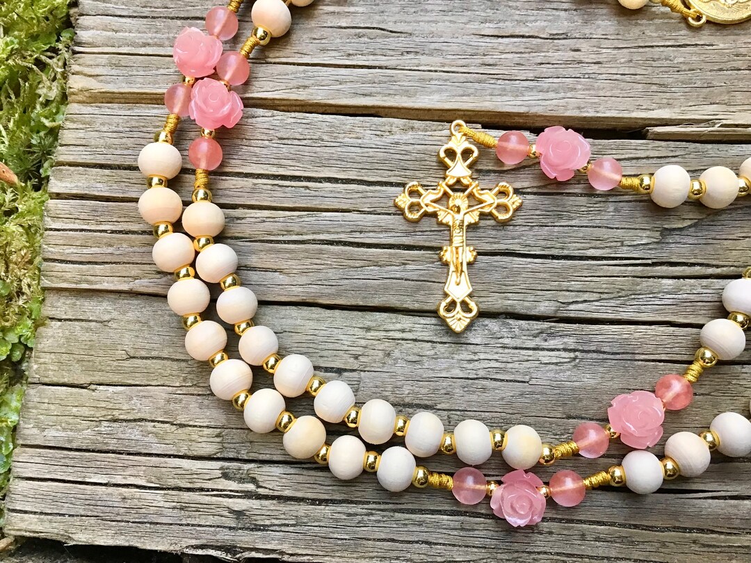 The Mary Rosary | Pink Roses, Natural Wood, and Gold Beads | Handmade ...