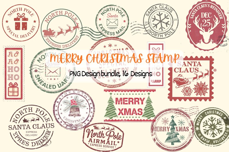 Merry Christmas Stamp Clipart Bundle | Vintage Holiday Postmark PNG ...