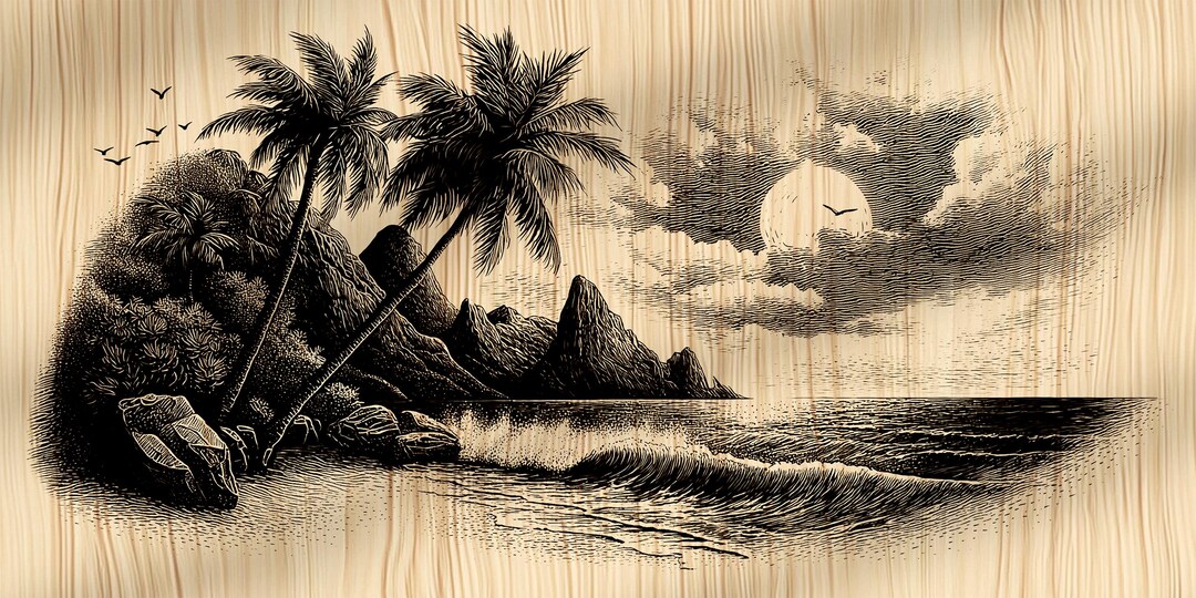 Tropical Beach Palm Tree Laser Engraving File, Moonlit Ocean Island PNG ...