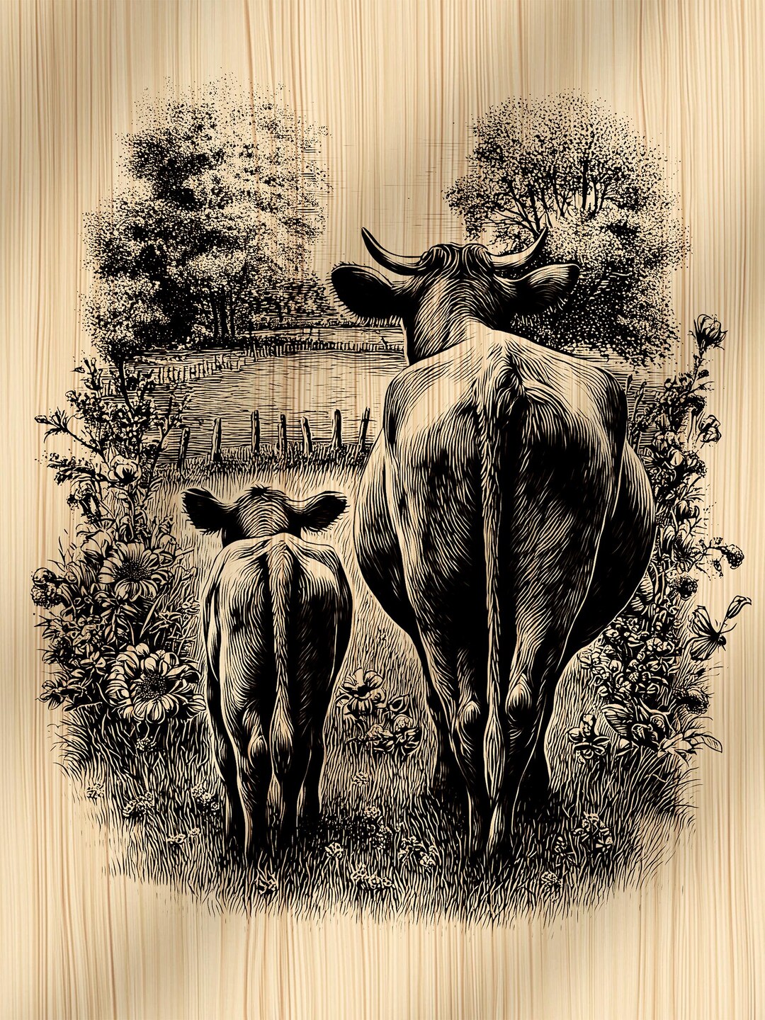 Cow Family Laser Engraving File, Mom Calf Rear View PNG for Wood ...
