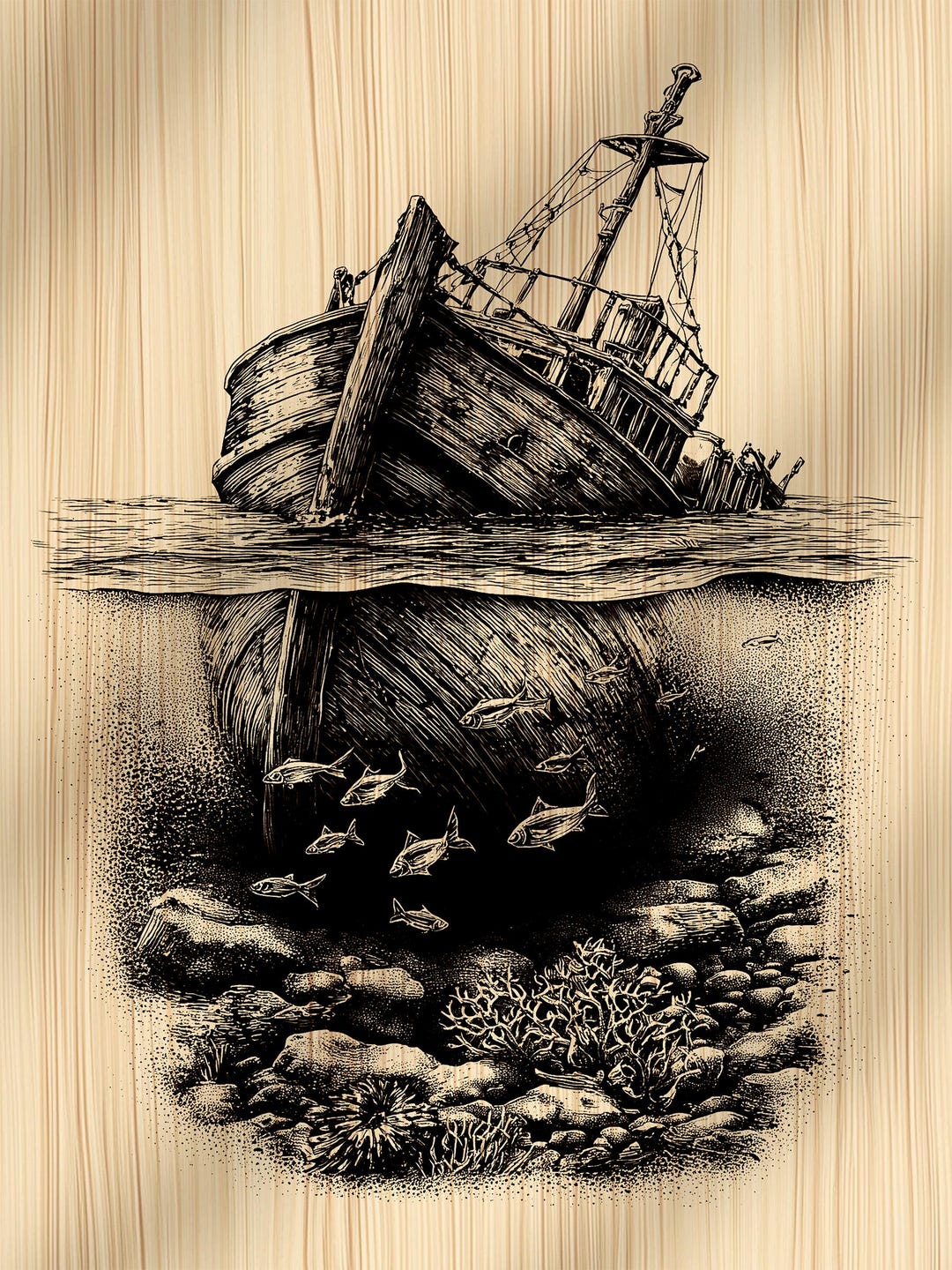 Shipwreck Laser Engraving File, Sunken Boat Underwater Scene PNG for ...