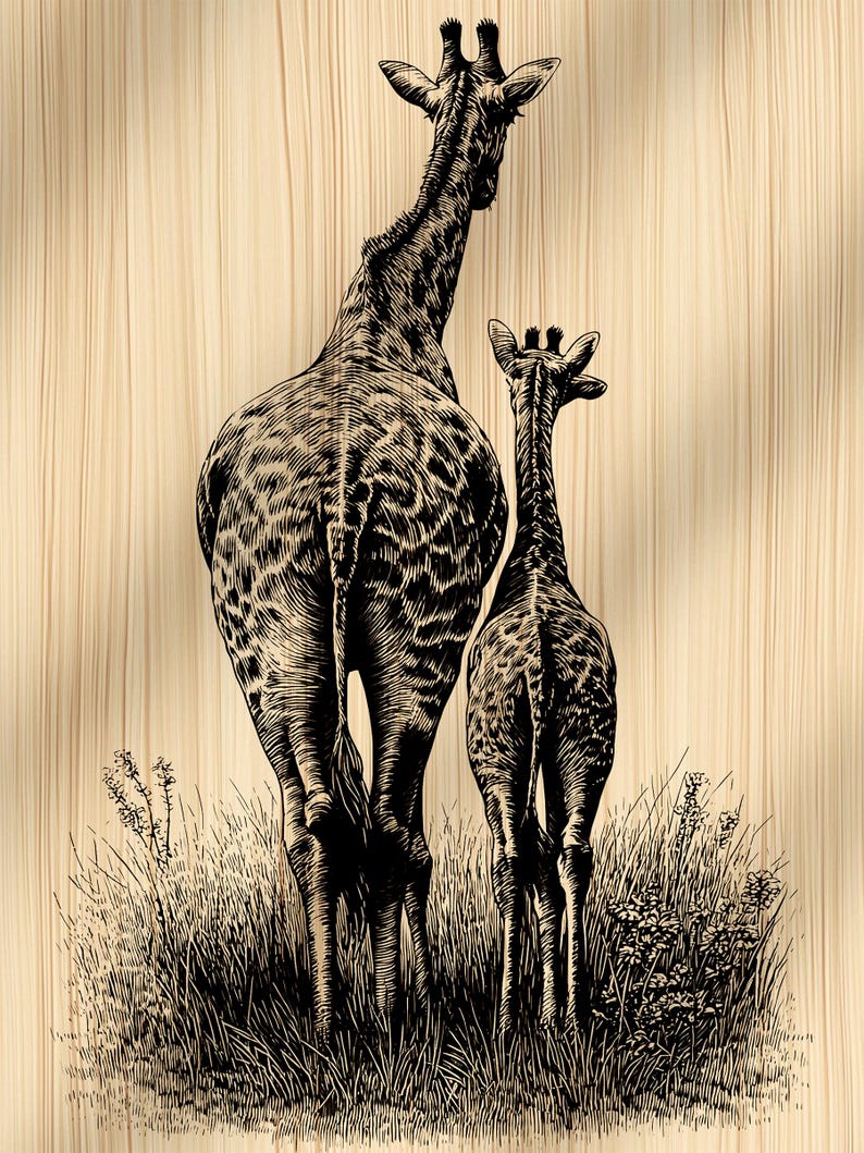 Giraffe & Her Calf Laser Engraving File, Mom Baby Walking Rear View PNG ...