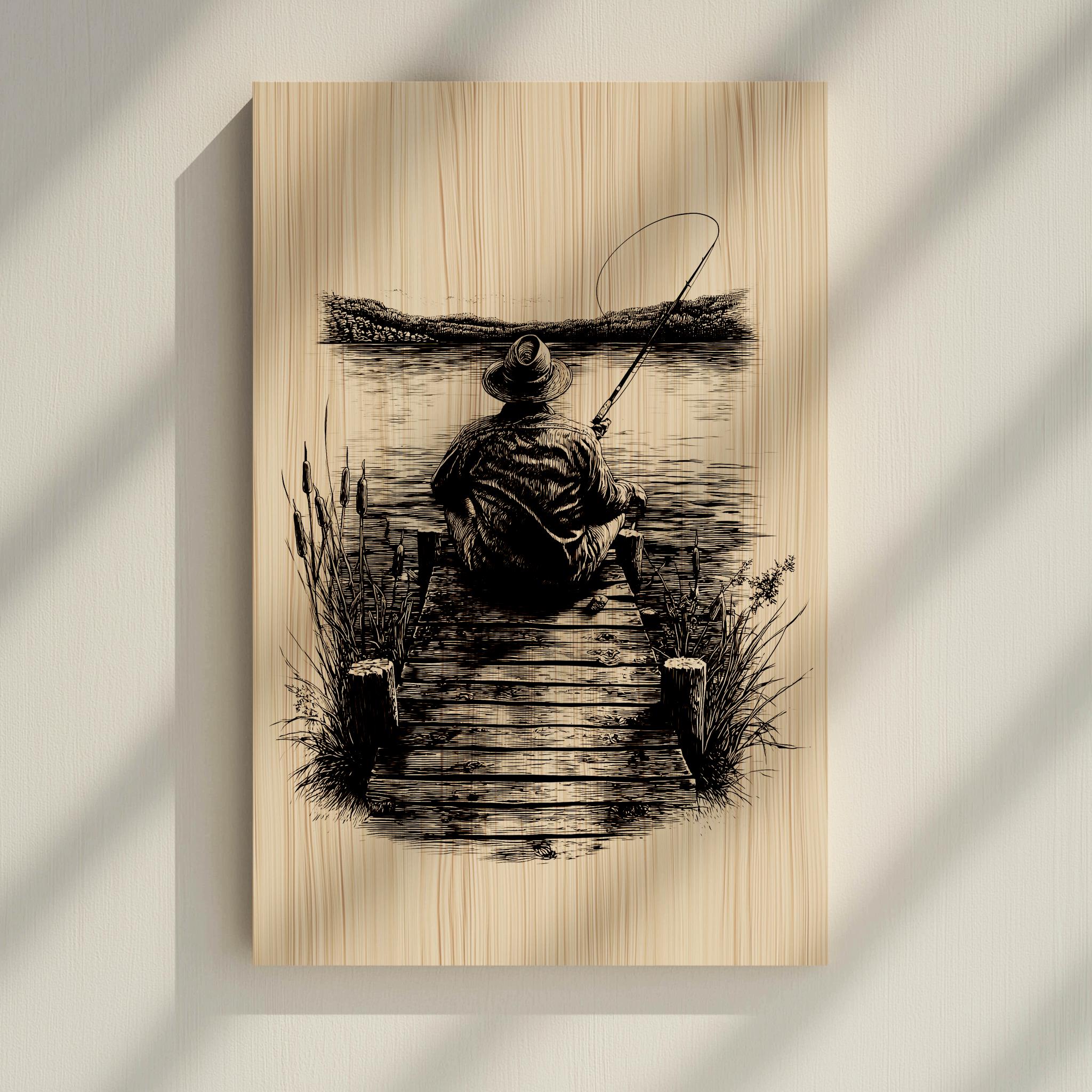 Fisherman on Dock Laser Engraving File, Lake Fishing Rear View PNG for ...